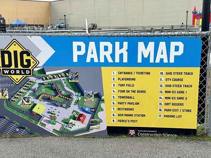 The park map reveals multiple attractions beyond excavators, including gem mining and various construction-themed adventures throughout the facility.