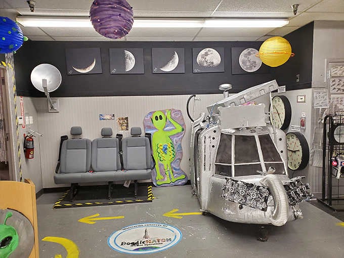 The robot repair station where mechanical dreams come true and imaginations run absolutely wild with possibility.