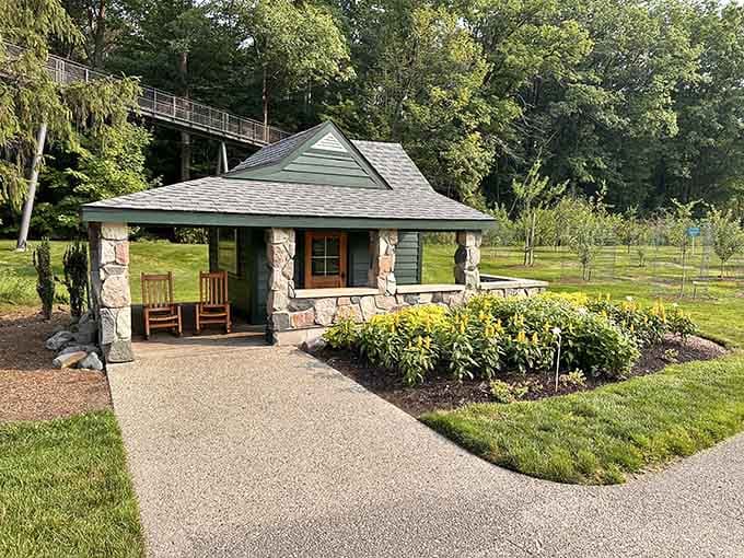 This charming stone pavilion provides the perfect spot to rest your feet and contemplate life's important questions.