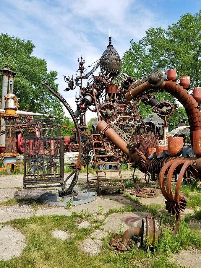 Towering metal creatures that make you wonder if Dr. Seuss ever moonlighted as an industrial salvage artist.