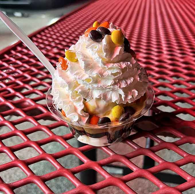 This brownie sundae situation comes with enough toppings to qualify as a full architectural achievement in dessert form.