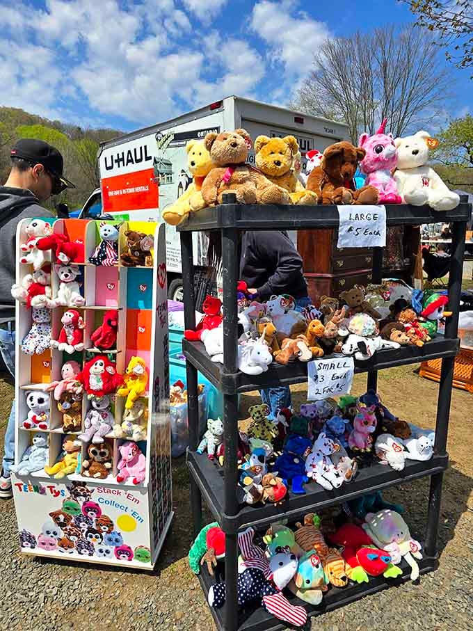 Stuffed animals and plush toys stacked high remind us that nostalgia comes in all shapes and sizes.