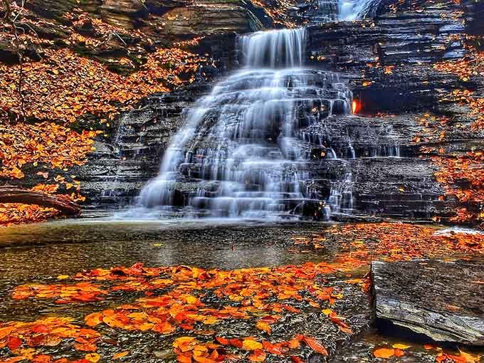 Fall transforms the grotto into a painter's dream, with floating leaves creating nature's own Monet masterpiece around flowing water.