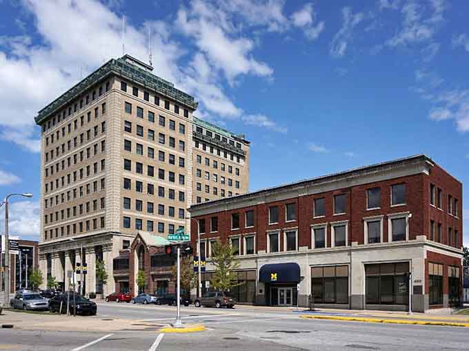 Historic towers stand proudly beside renovated storefronts, creating a streetscape that honors both past and present beautifully.
