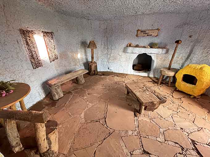 Step inside to find Stone Age furniture that somehow looks more comfortable than your college apartment ever did.