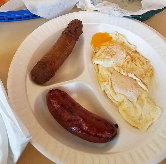 When your sausage and eggs arrive on a paper plate, you know priorities are firmly on flavor.