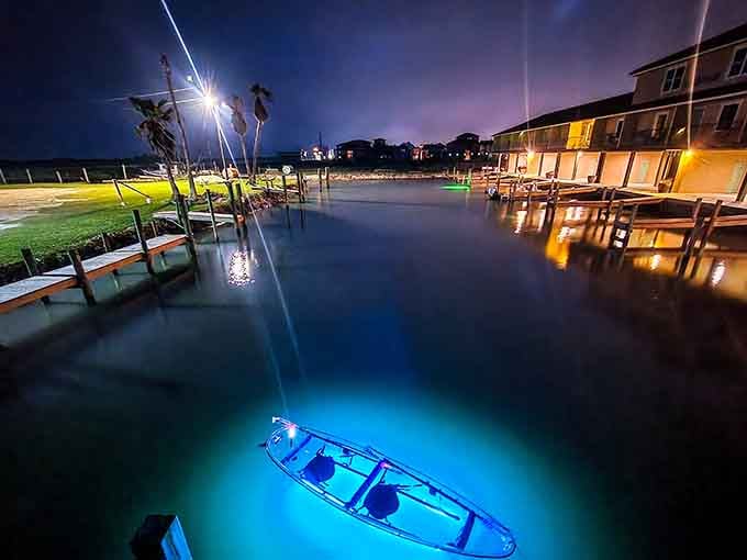 Even the marina looks jealous of how photogenic these illuminated kayaks are at the water's edge tonight.