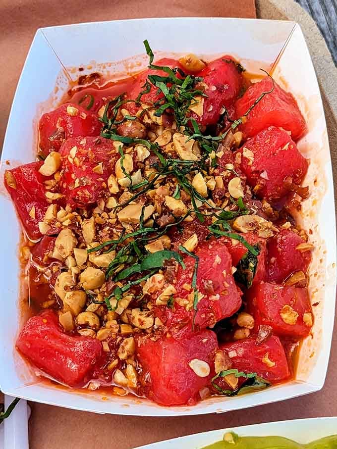 Watermelon salad topped with nuts and herbs: proof that barbecue joints can surprise you with unexpected elegance.