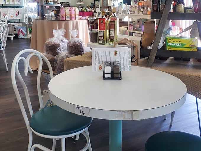 Round tables and white chairs create the perfect spot to linger over pie and good conversation.