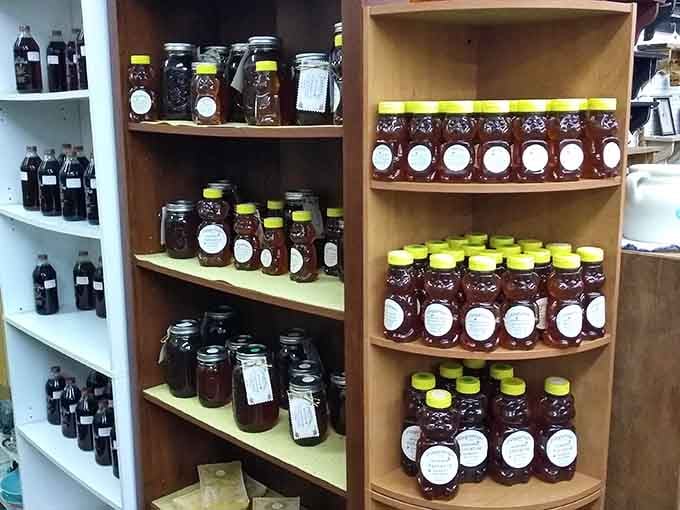Rows of golden honey jars gleam like liquid sunshine, sweet reminders that some traditions never need improving or updating.