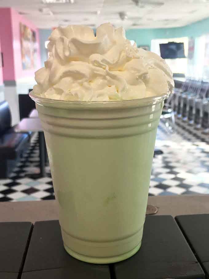 Paddy's mint shake arrives thick enough to stand a spoon in, just like shakes were before corporations ruined them.