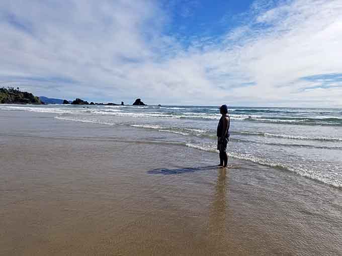 Sometimes the best therapy is standing ankle-deep in frigid Pacific water, contemplating sea stacks while the world spins on without you.
