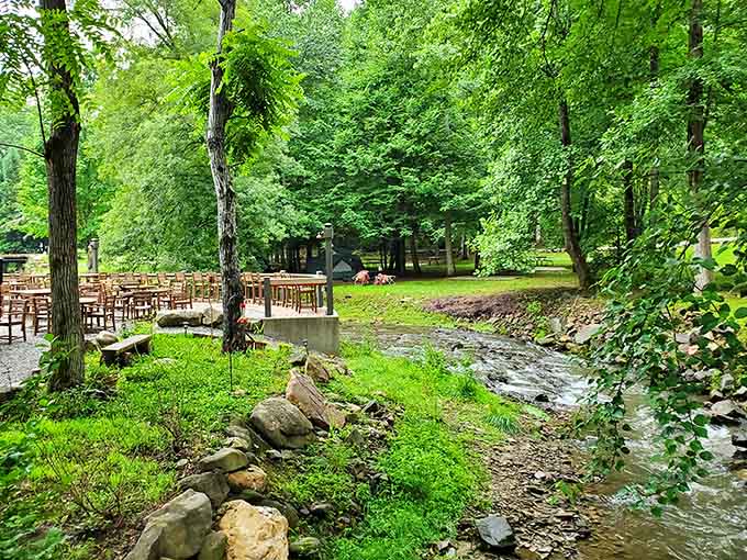 A peaceful creek runs through the property, providing nature's soundtrack for your frontier experience.