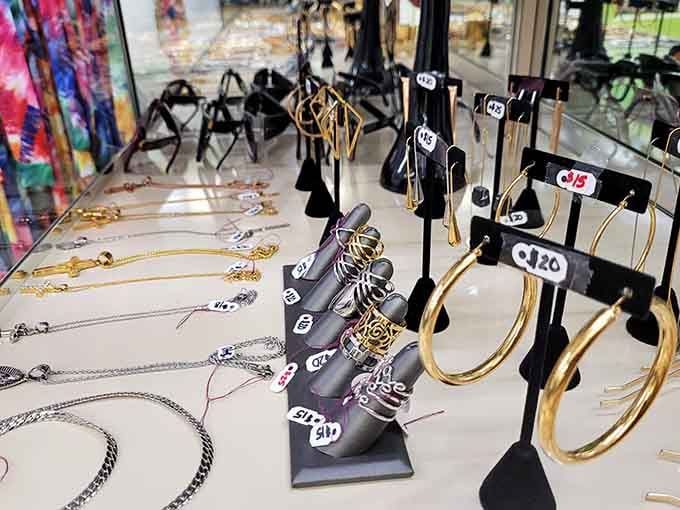 Gold and silver jewelry gleams under the lights, offering affordable elegance without the department store markup.