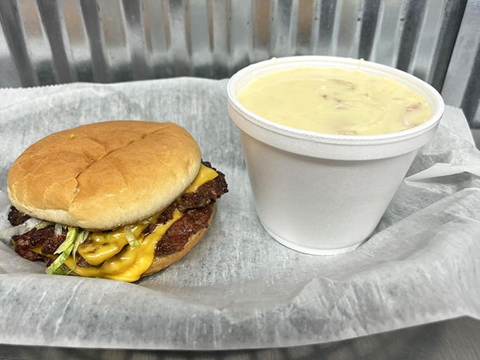 Sometimes you need a classic bacon cheeseburger paired with soup, and this setup delivers pure Midwestern satisfaction perfectly.