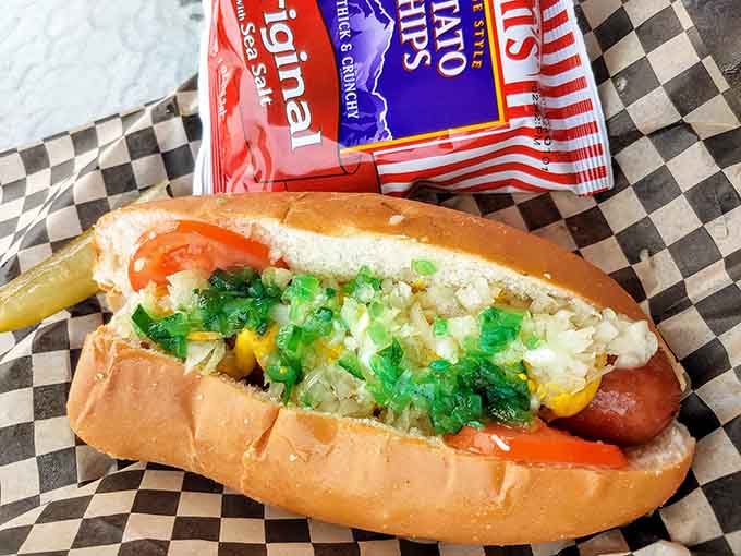 The Chicago Dog arrives with enough toppings to constitute a complete vegetable serving, technically speaking at least.