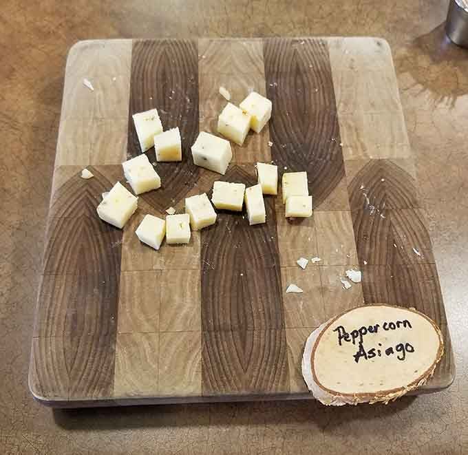 Peppercorn Asiago ready for tasting&mdash;those little cubes pack more flavor than their innocent appearance might suggest to newcomers.