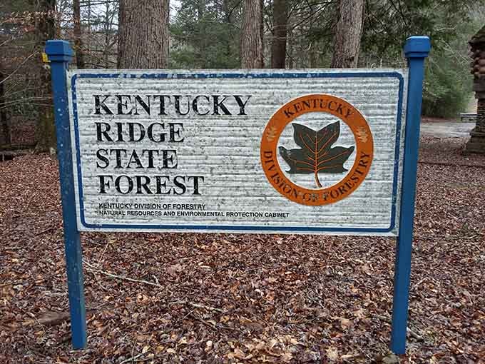The official welcome sign stands ready to greet visitors seeking 15,000 acres of peace, quiet, and actual fresh air.