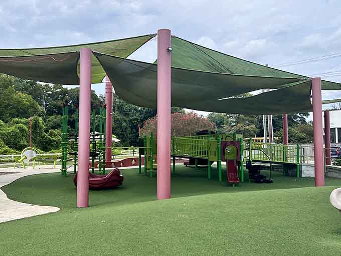 Pearson Park's modern playground features shade structures, because someone finally remembered that North Carolina summers are brutal.