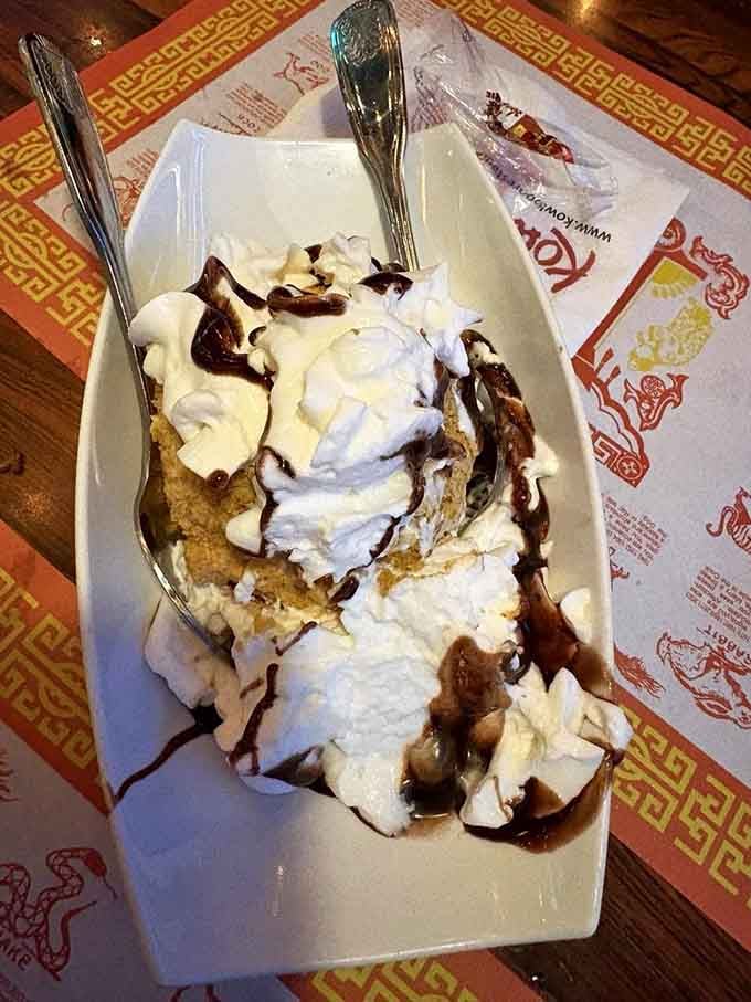 Fried Ice Cream topped with whipped cream and chocolate drizzle defies physics while delighting your dessert-loving soul completely.