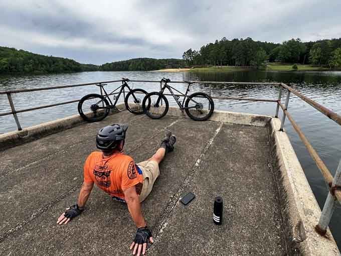 When you've biked the trails hard enough to earn a lakeside rest, this view becomes your well-deserved reward.