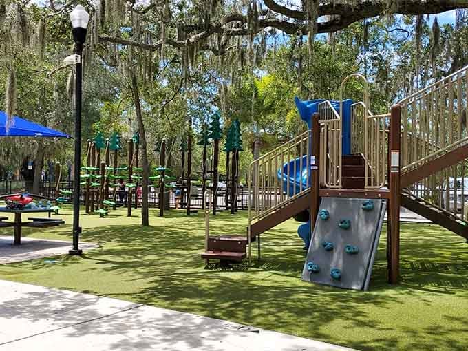After your train ride, let the kids loose on this fantastic playground where energy burns faster than coal in a steam engine.