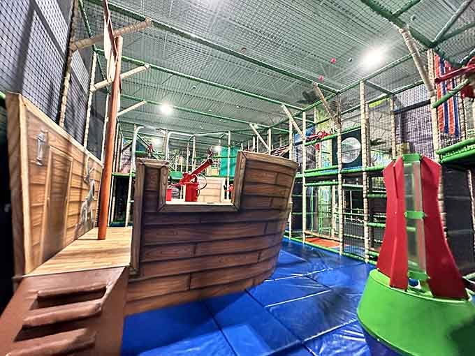 Pirate ships in the play structure because every tropical island needs a touch of swashbuckling adventure, naturally.