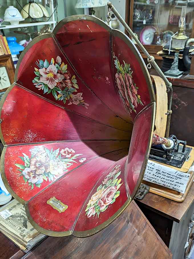 This antique phonograph horn once filled rooms with music, back when listening required actual effort and appreciation.