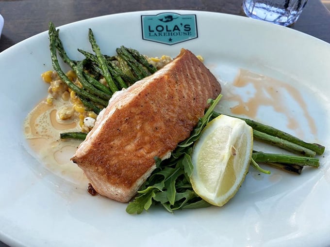 Perfectly seared salmon with asparagus and arugula: proof that lake views make everything taste even better somehow.