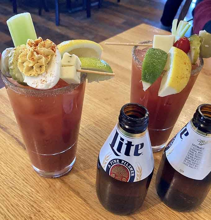These Bloody Marys come dressed to impress, loaded with garnishes that could qualify as lunch themselves.