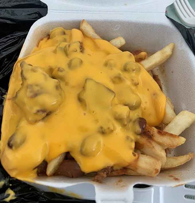 Loaded fries drowning in cheese sauce &ndash; because sometimes more is more, and restraint is highly overrated here.