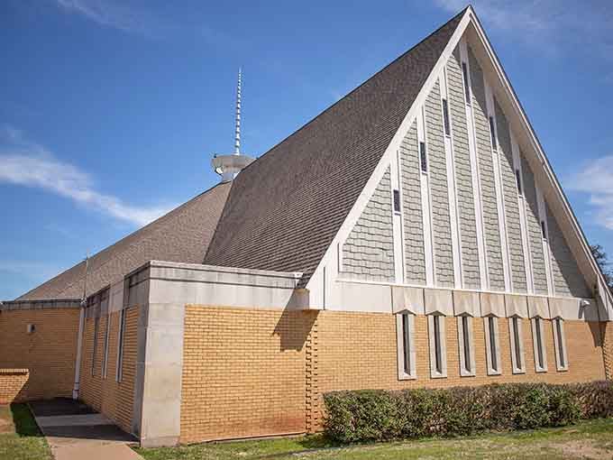 First Baptist Church showcases the kind of mid-century architecture that actually aged well, unlike some fashion choices from that era.