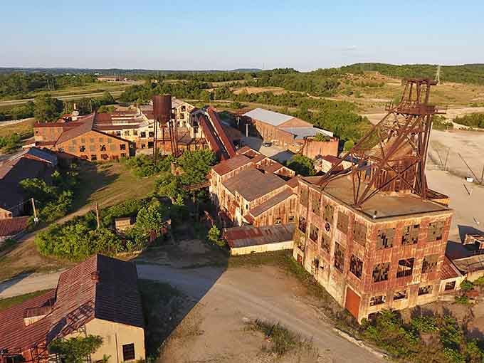 Aerial perspective reveals the sprawling industrial campus that once employed thousands in Missouri's mining heyday glory.