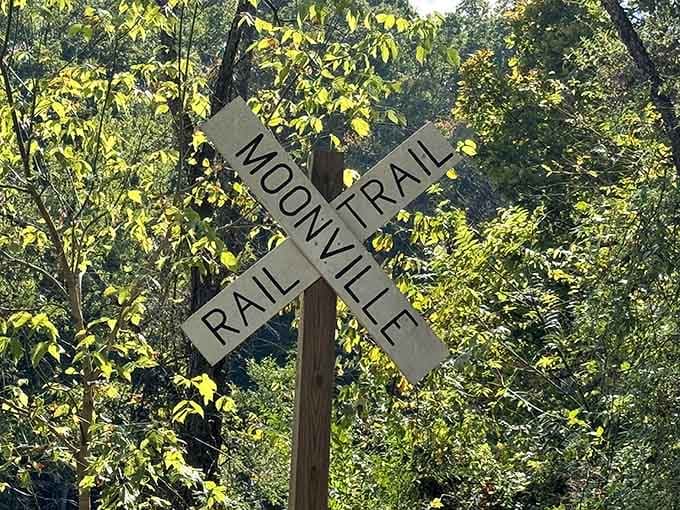 The old railroad crossing sign stands as a nostalgic reminder of when trains actually rumbled through these now-silent woods.