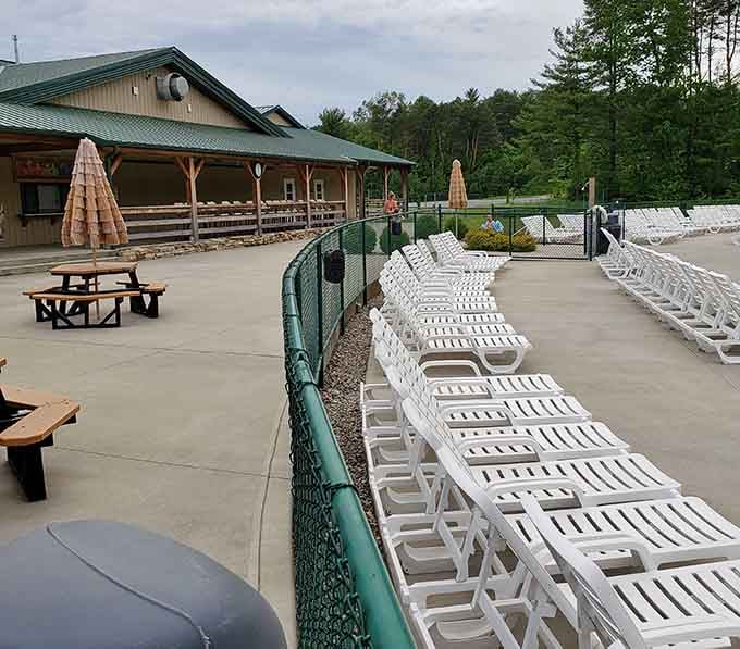 Rows of lounge chairs await sun-seekers who've earned their relaxation time after all those waterslide runs and cannonballs.