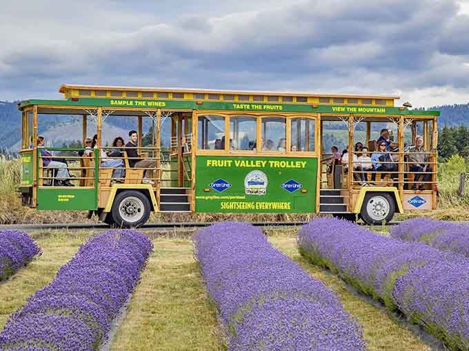 A cheerful trolley tours the fruit orchards, because Hood River believes in multiple ways to explore.