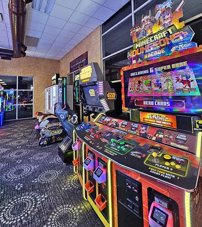 Modern arcade games glow like a Vegas strip for the younger set, Minecraft meeting redemption tickets beautifully.