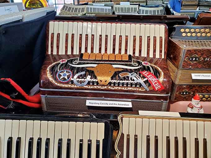 Yes, that's a Hopalong Cassidy accordion, because apparently even cowboys needed to squeeze out a tune back in the day.