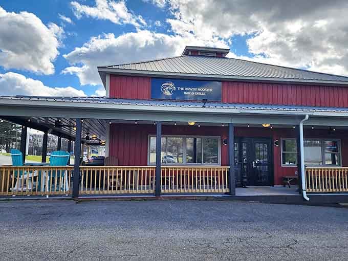 Bright blue accents pop against mountain greenery at this welcoming spot where locals gather for good times and cold drinks.