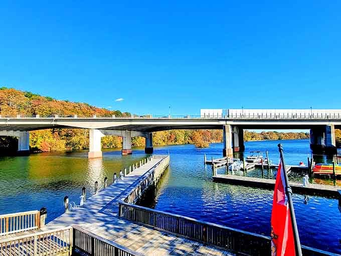 Boat docks and autumn colors create a scene so perfect you'll wonder if someone staged it just for you.