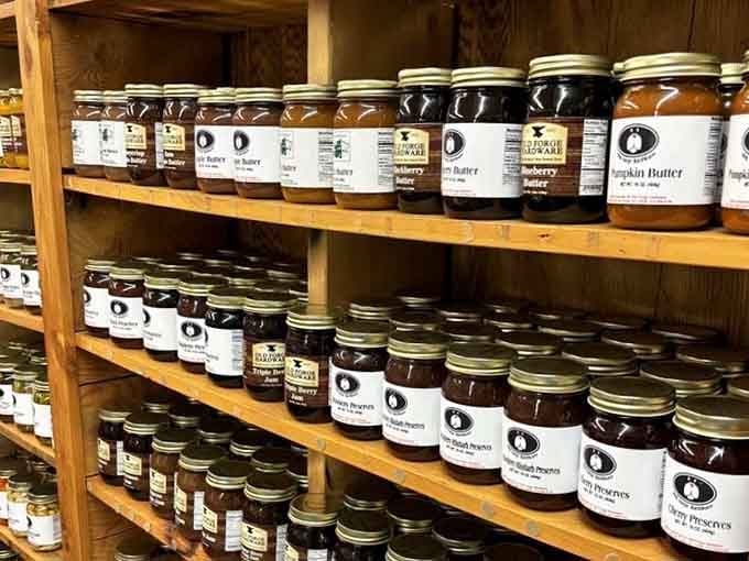 Local preserves lined up like delicious little soldiers ready to enhance your morning toast situation.
