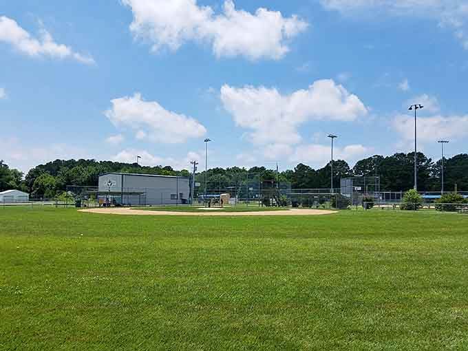 Even the baseball field looks relaxed here, where Little League games probably don't involve screaming parents.