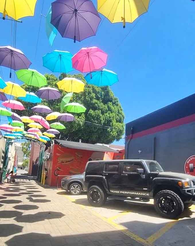 Even the parking lot gets a touch of magic when hundreds of colorful umbrellas dance overhead.