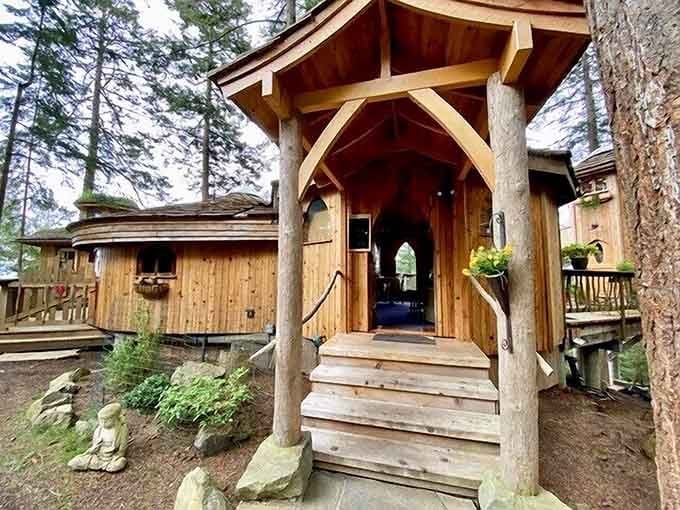 That entrance with its natural wood posts and arched doorway looks like it's been waiting for you to arrive home.