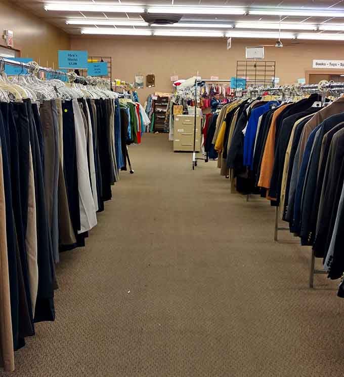 Rows of dress pants and blazers perfect for job interviews, weddings, or finally looking presentable at family gatherings.