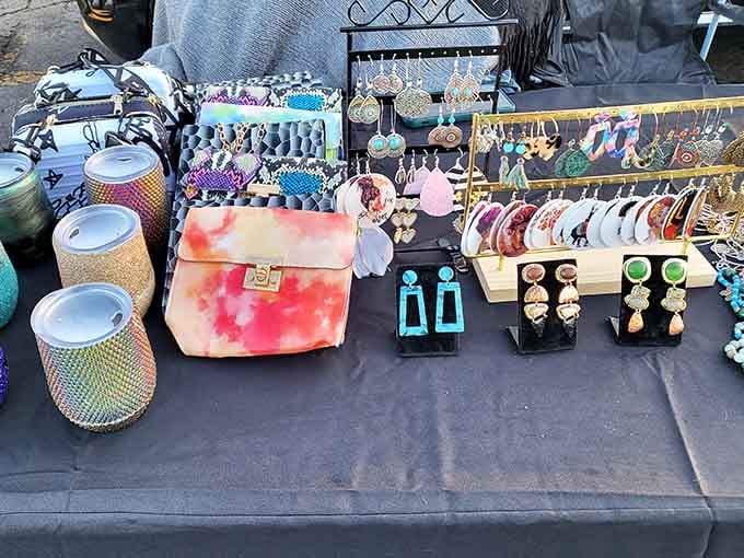Jewelry and accessories displayed outdoors like a treasure chest opened just for your browsing pleasure today.
