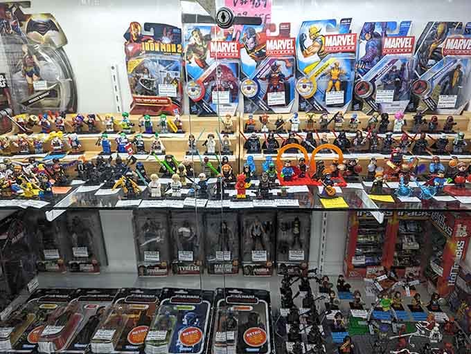 Action figures and Marvel heroes stand ready, proving comic book collecting never goes out of style.