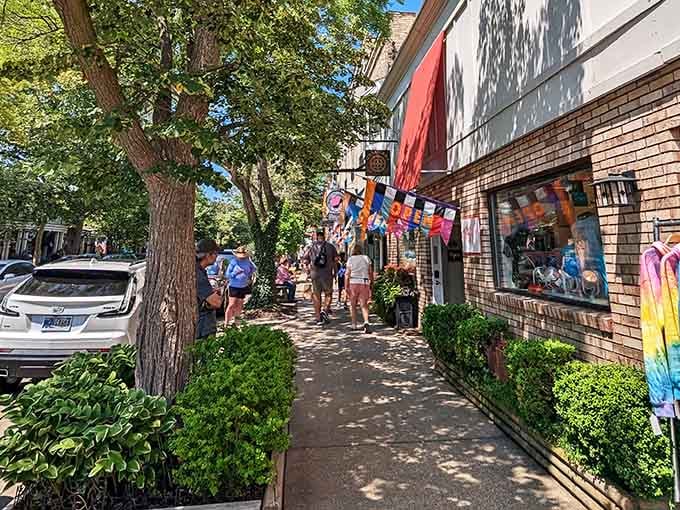 Sidewalk shopping where every storefront tempts you inside, and your wallet knows it's in trouble already.