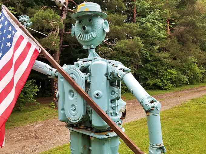 Meet the friendliest robot in Pennsylvania, complete with a sailor's cap and an American flag.