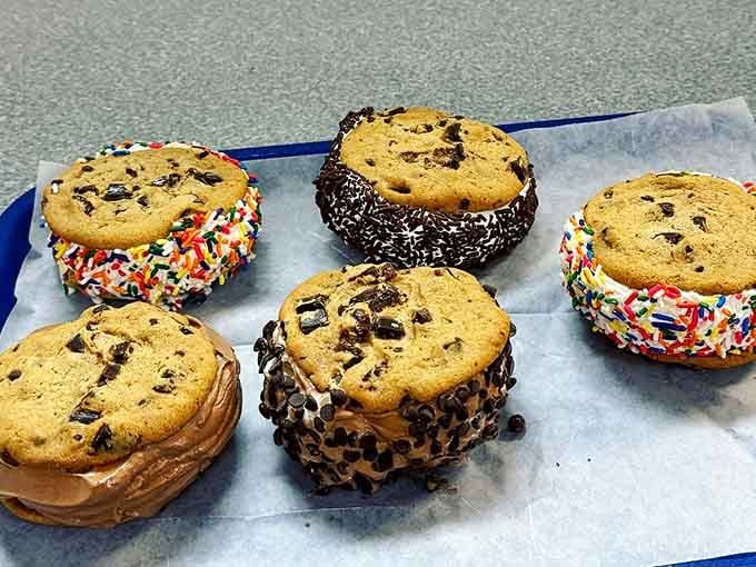 Cookie ice cream sandwiches rolled in toppings, because apparently regular ice cream sandwiches weren't trying hard enough.